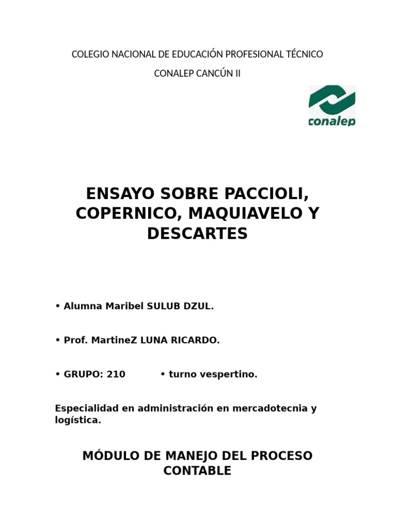 ENSAYO SOBRE PACCIOLI, COPERNICO, MAQUIAVELO Y DESCARTES | PDF