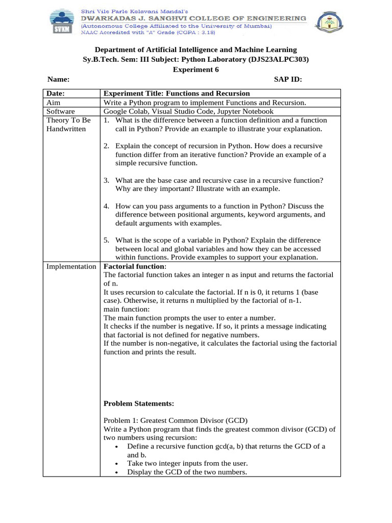 SE Expt6 Functions and Recursion | PDF