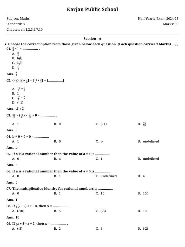 Maths Class 8 Half Yearly Assignment | PDF