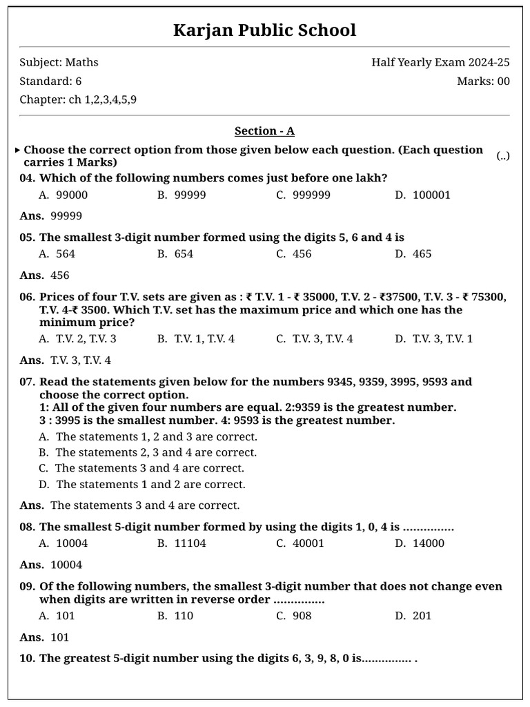 Maths-6-Half Yearly Assignment | PDF