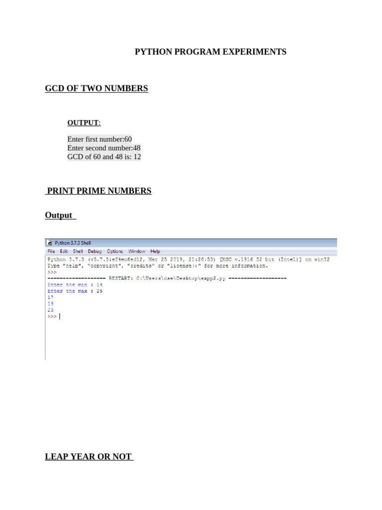 PYTHON PROGRAM EXPERIMENTS Output | PDF
