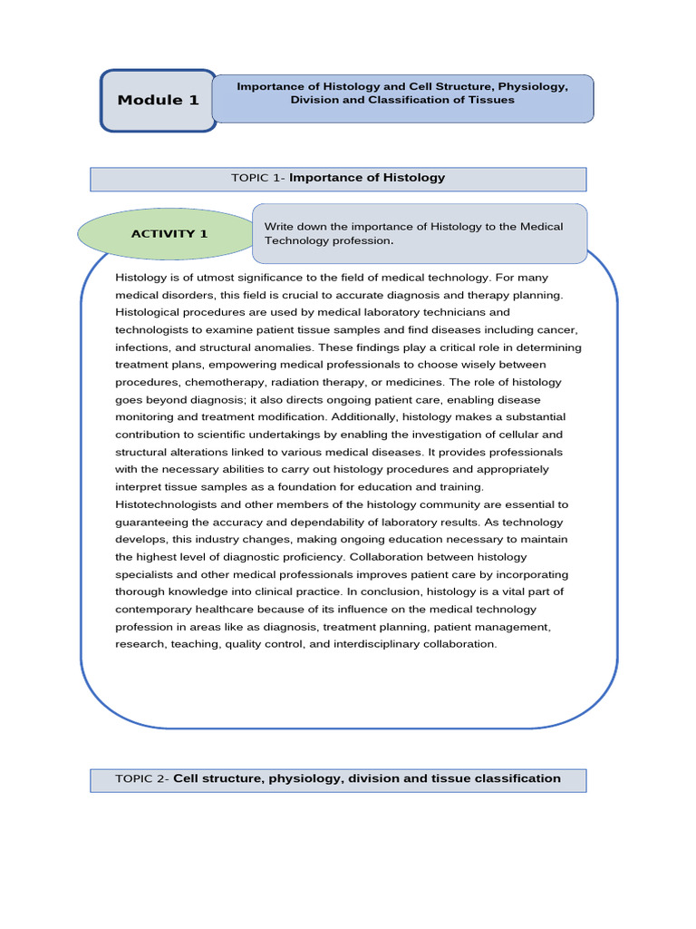 Histology Module 1 Lecture Activities | PDF