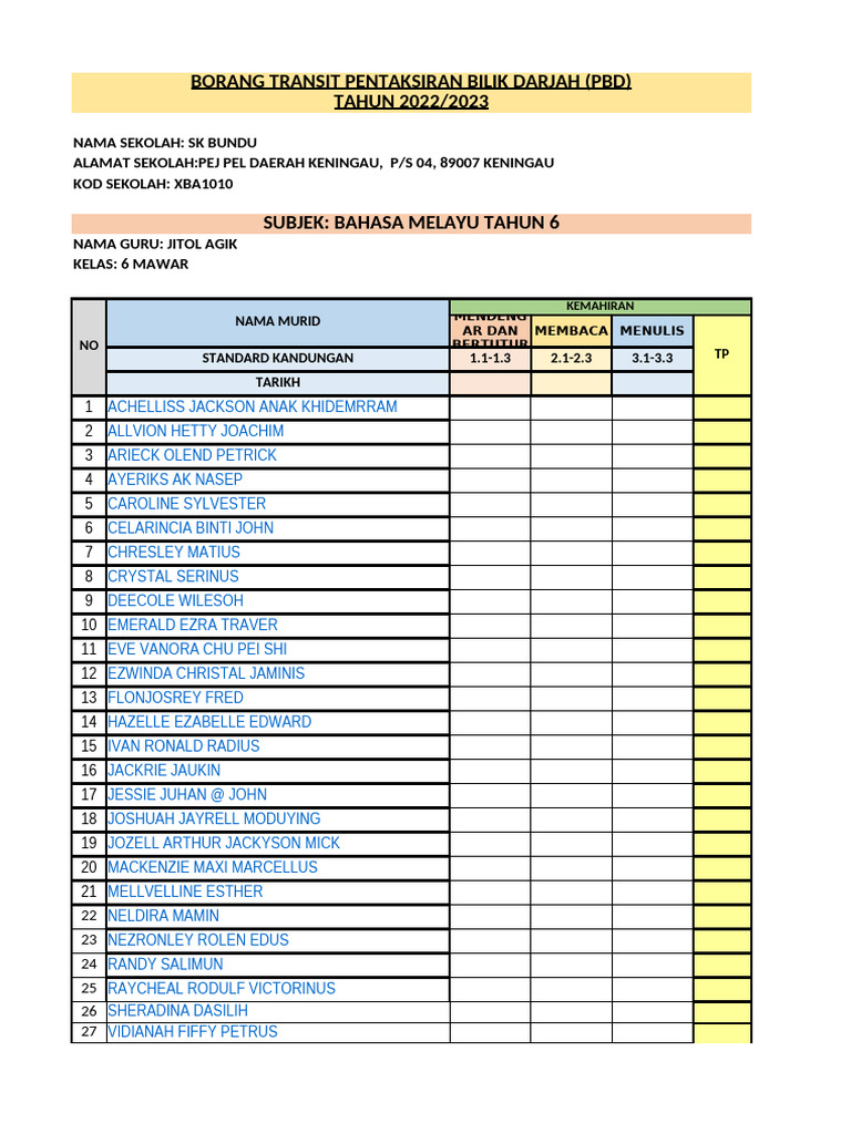 BORANG TRANSIT PBD 2022 TAHUN 6 | PDF