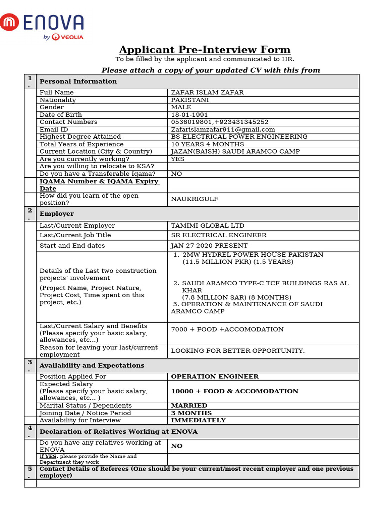 Pre Interview Form | PDF