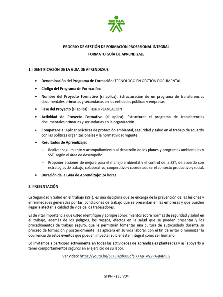 GFPI-F-135 Guia de Aprendizaje - F2997060 - SST 24H Ins. Álvaro Gómez | PDF