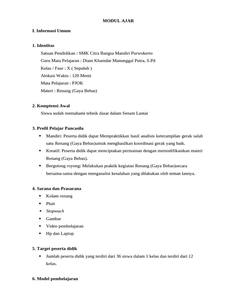 Modul Ajar PSP Renang | PDF