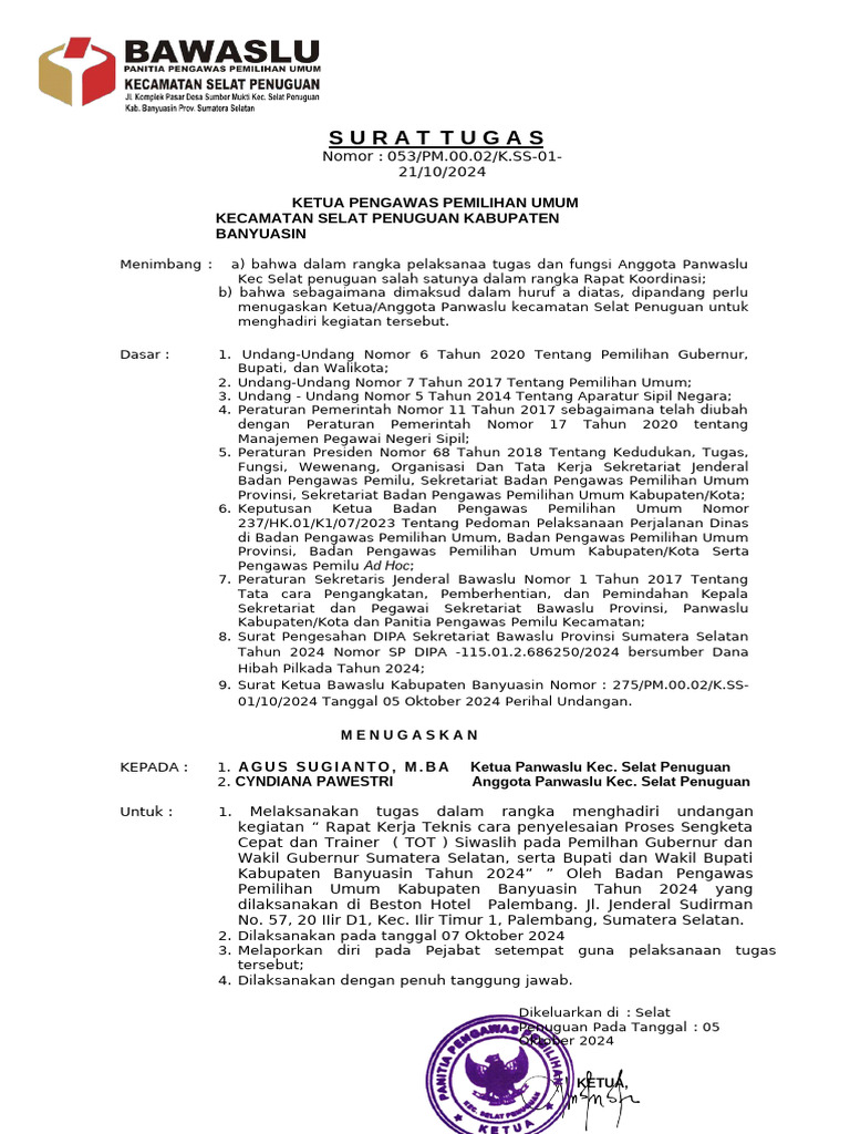 SURAT TUGAS PANWASCAM SELPEN TGL 7 Okt 2024 | PDF