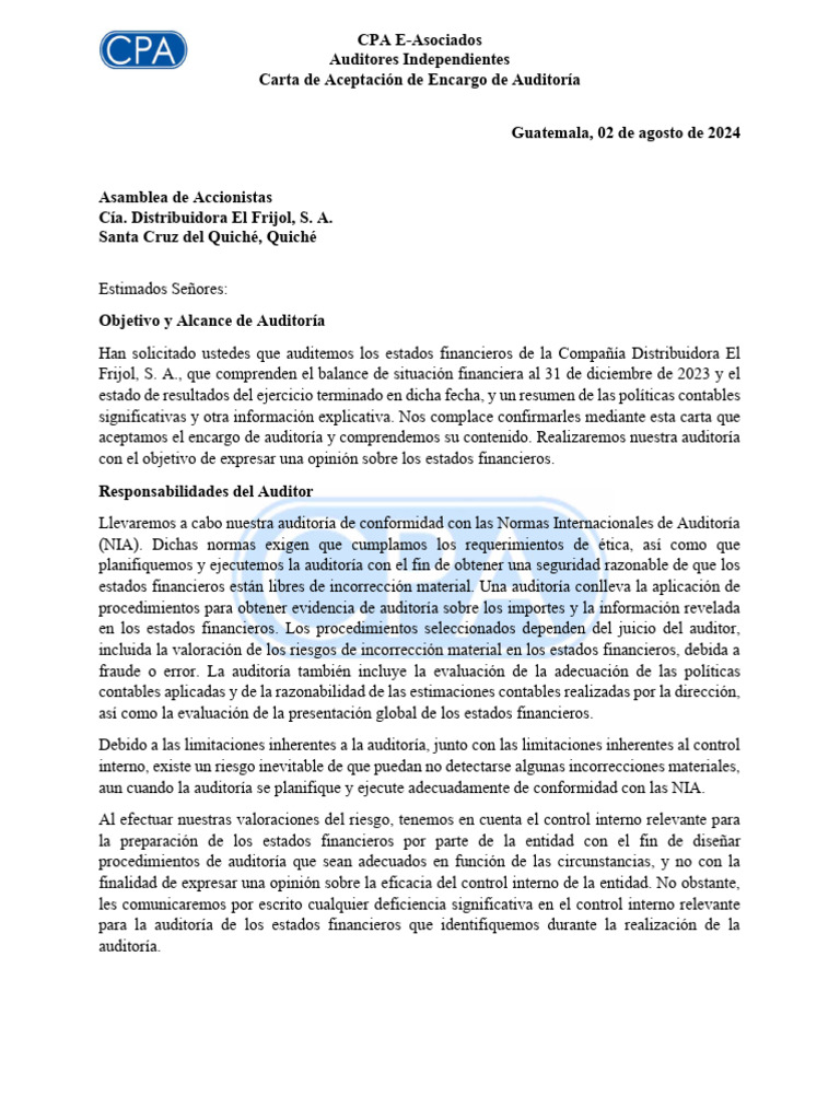Carta de Encargo y Planeacion | PDF | Auditoría | Contabilidad