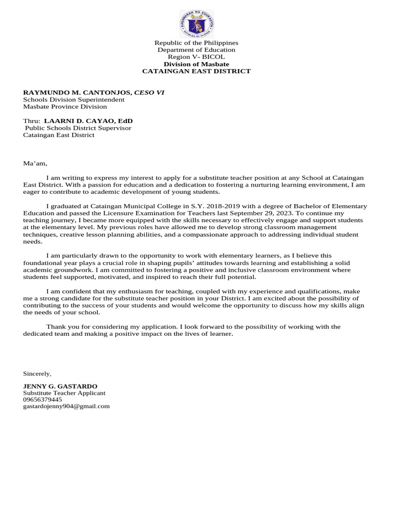 Application Letter For Substitute Teacher | PDF | Wellness | Career ...