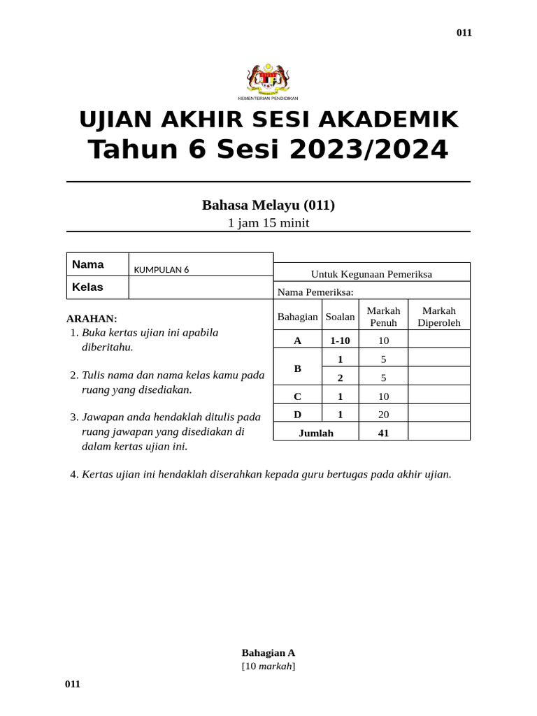 CONTOH KERTAS SOALAN BM TAHUN 6 A1 | PDF