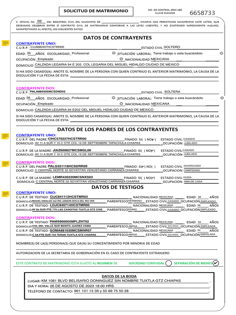 Solicitud de Matrimonio CURP - (Nombre Completo) | PDF