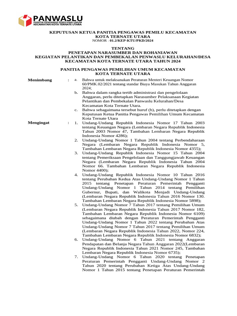 SK Tentang NARSUM Pelantikan Dan Pembekalan PKD | PDF