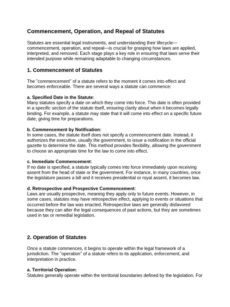 Commencement, Operation, and Repeal of Statutes | PDF