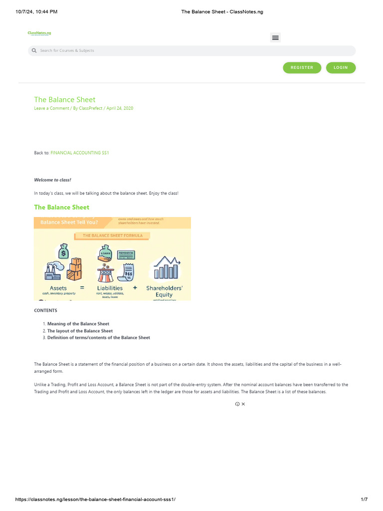 The Balance Sheet - ClassNotes - NG | PDF