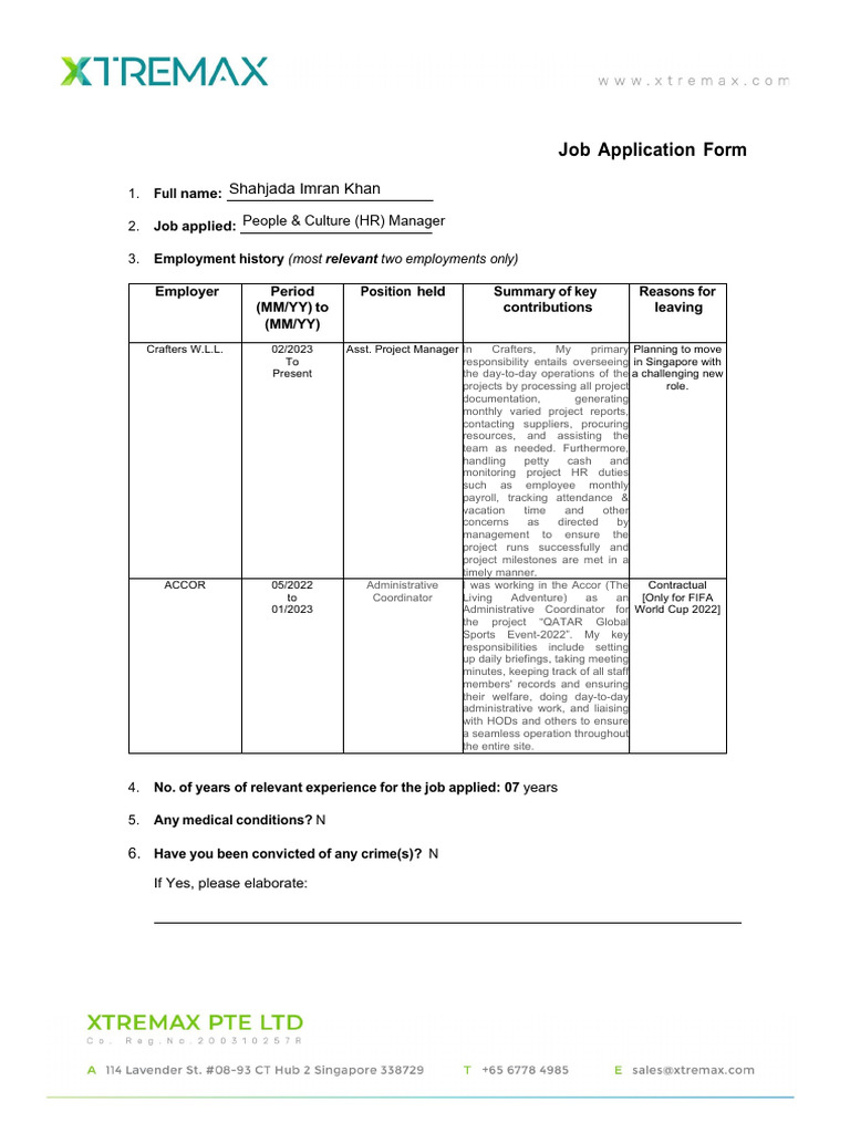 XTR Job Application Form - Updated | PDF