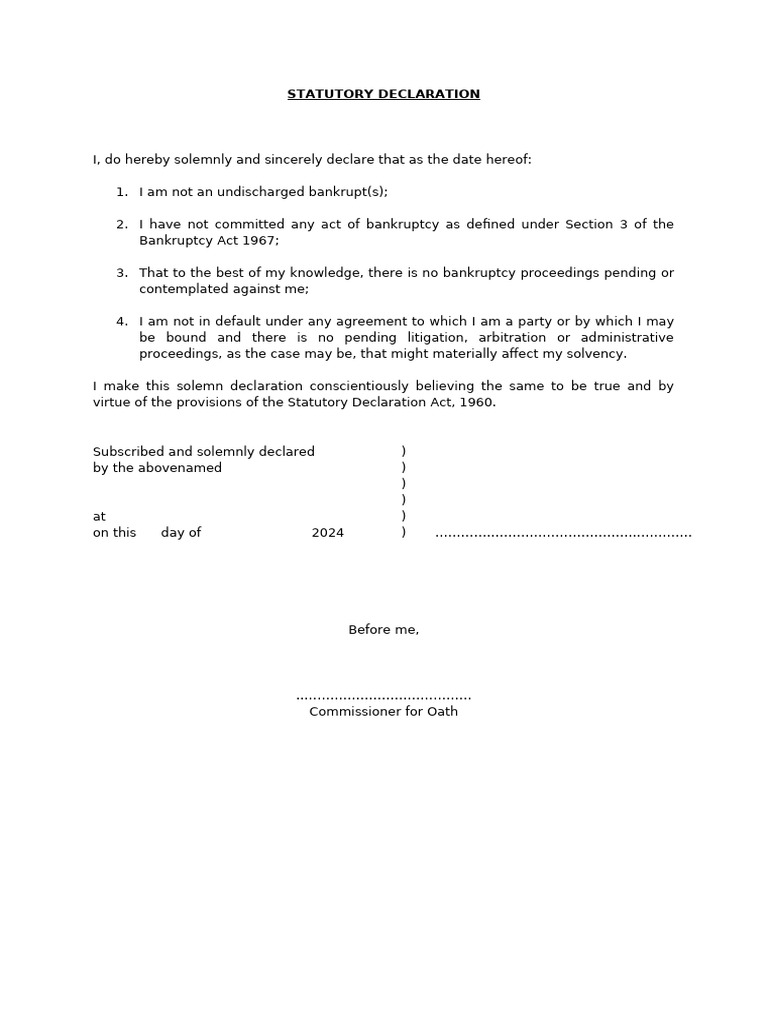 V Statutory Declaration - Non Bankruptcy | PDF