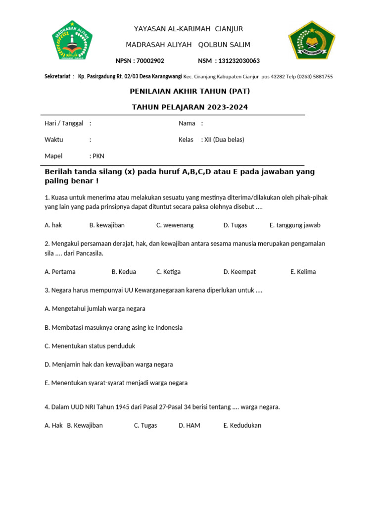 Soal PKN Kelas 12 | PDF