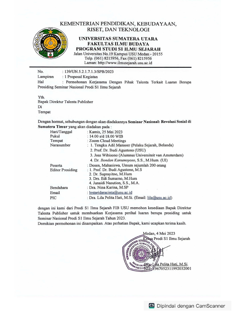 Permohonan Kerjasama Pihak Talenta Usu Dengan Prodi S1 Ilmu Sejarah Tahun 2023 | PDF