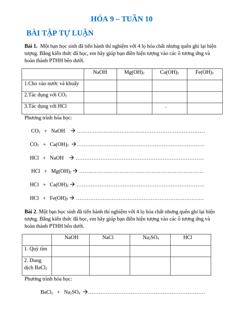 Hóa 9 - BT Tự Luận Ôn Tập KT GHK1 | PDF