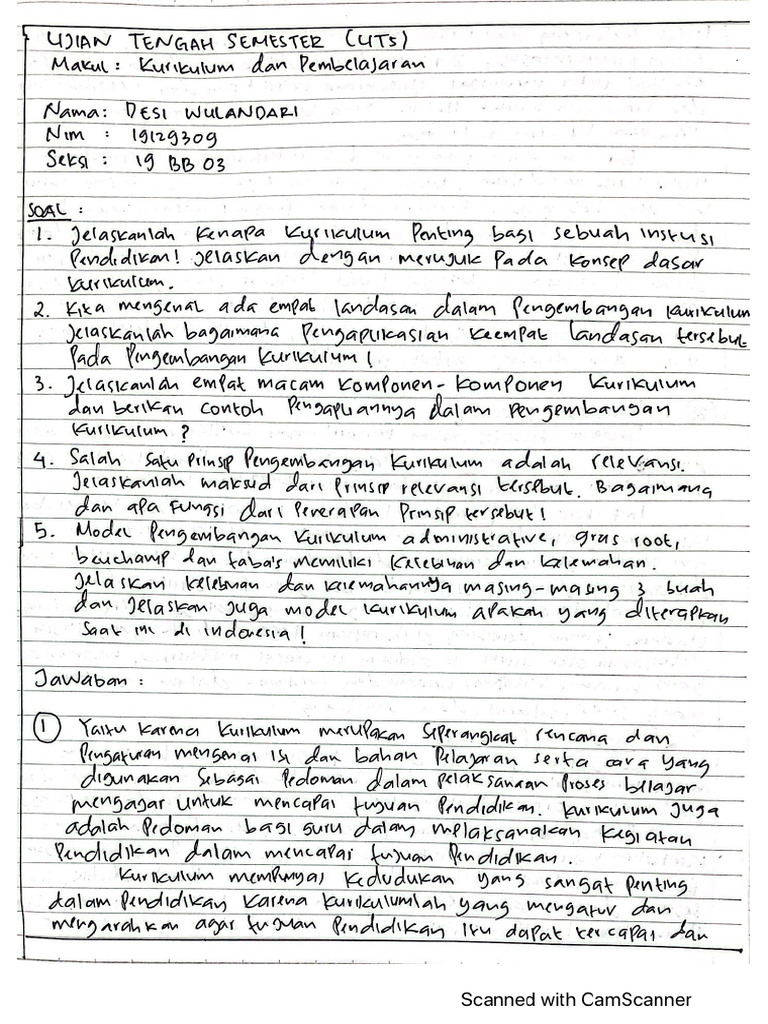 Uts Kurikulum Dan Pembelajaran (Desi Wul | PDF