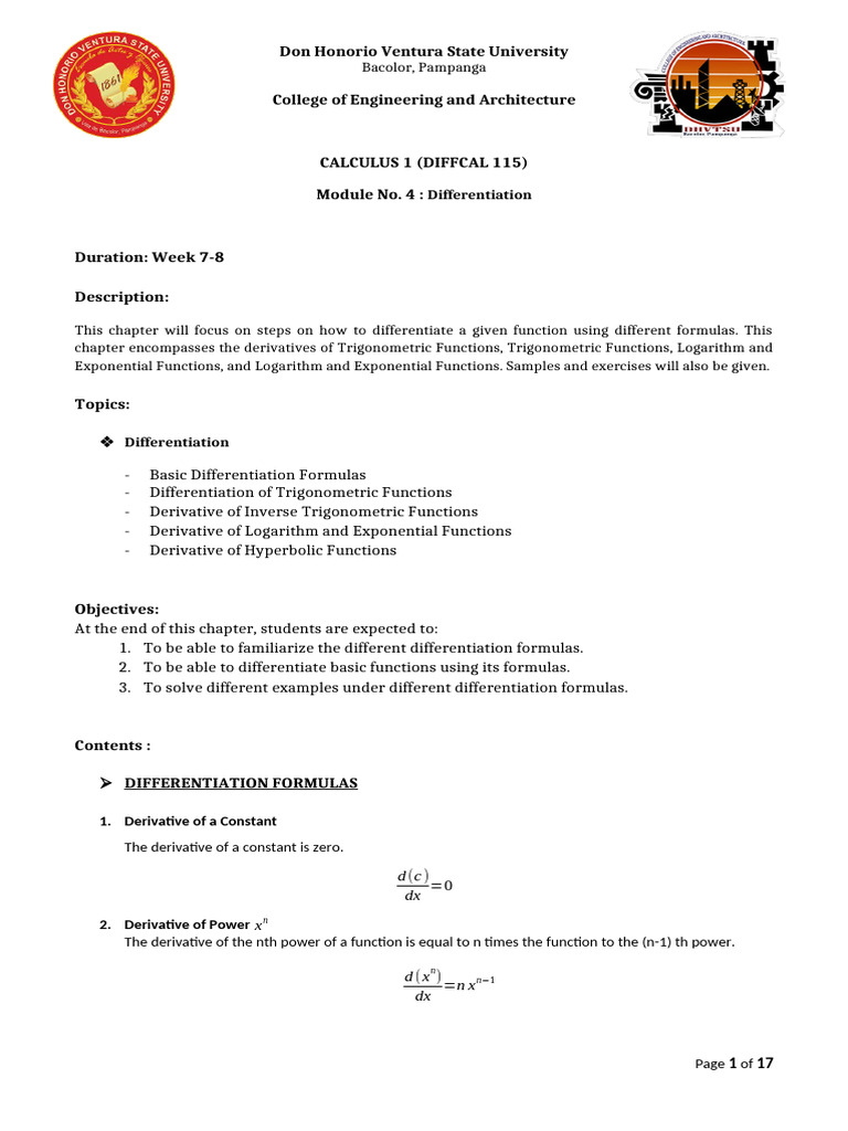 04.DIFFCAL 115 Module No. 04 Differentiation 1 | PDF