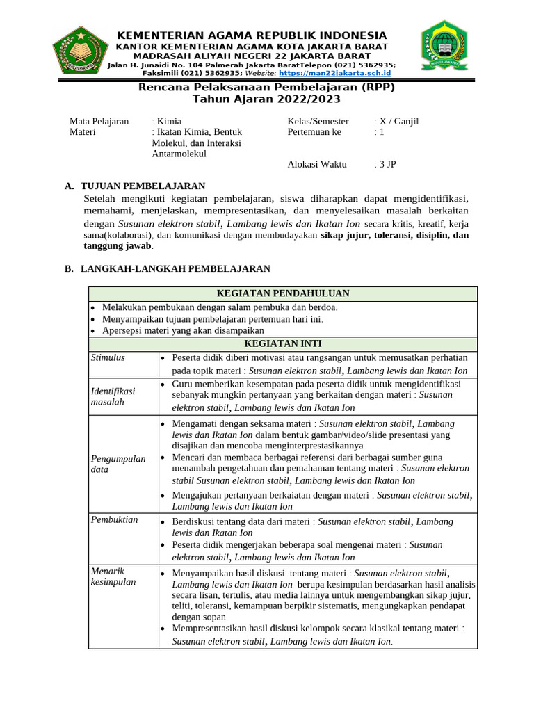 RPP Supervisi Ikatan Ion | PDF