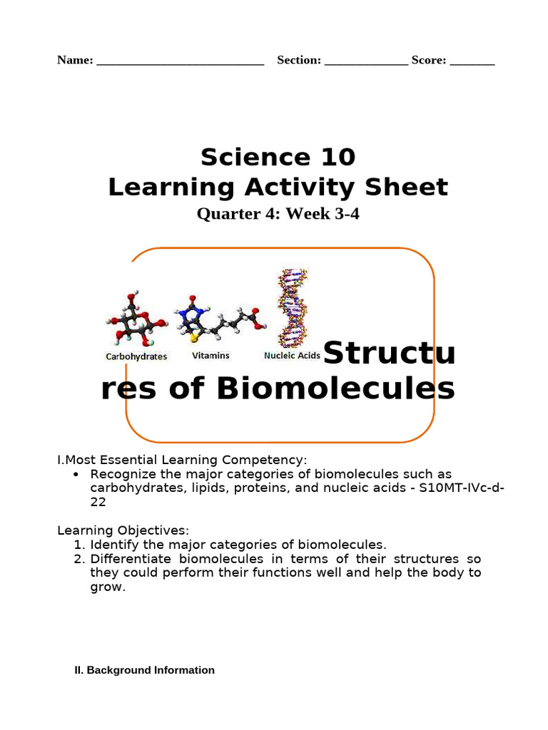 Structu Res of Biomolecules: Science 10 Learning Activity Sheet | PDF