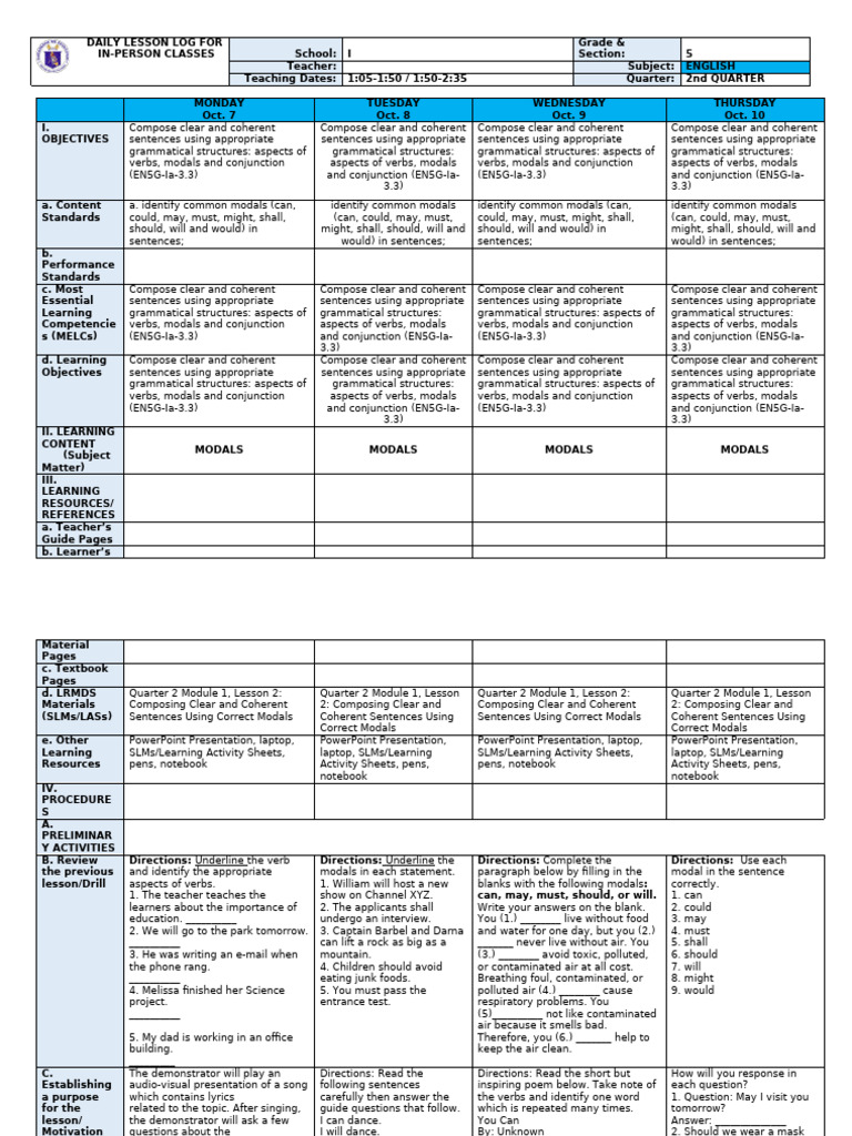 G5 Q2W2 DLL English | PDF | Verb | Grammar