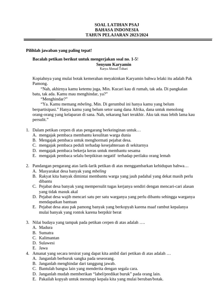 Latihan Soal Psaj Bahasa Indonesia Paket 02 | PDF