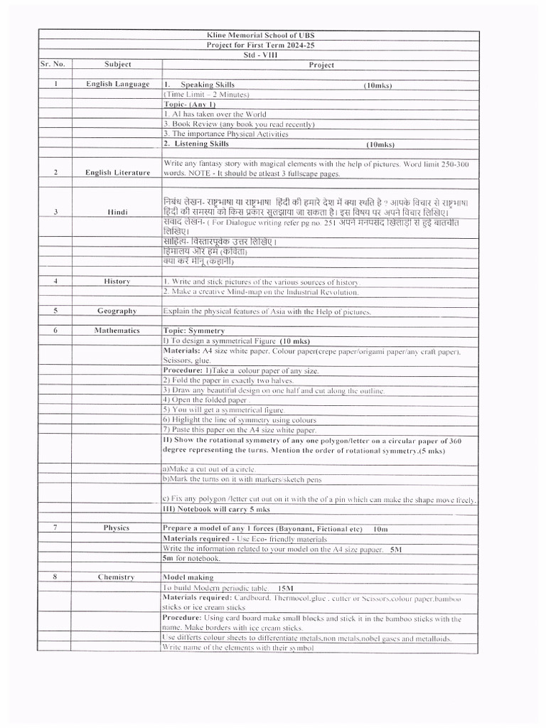 20240302-Std VIII First Term Project 2024-25 | PDF