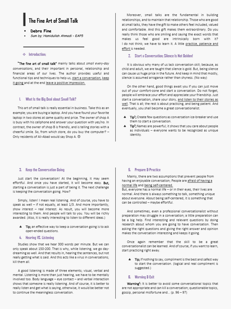 Sum of "The Fine Art of Small Talk" | PDF | Conversation | Human ...