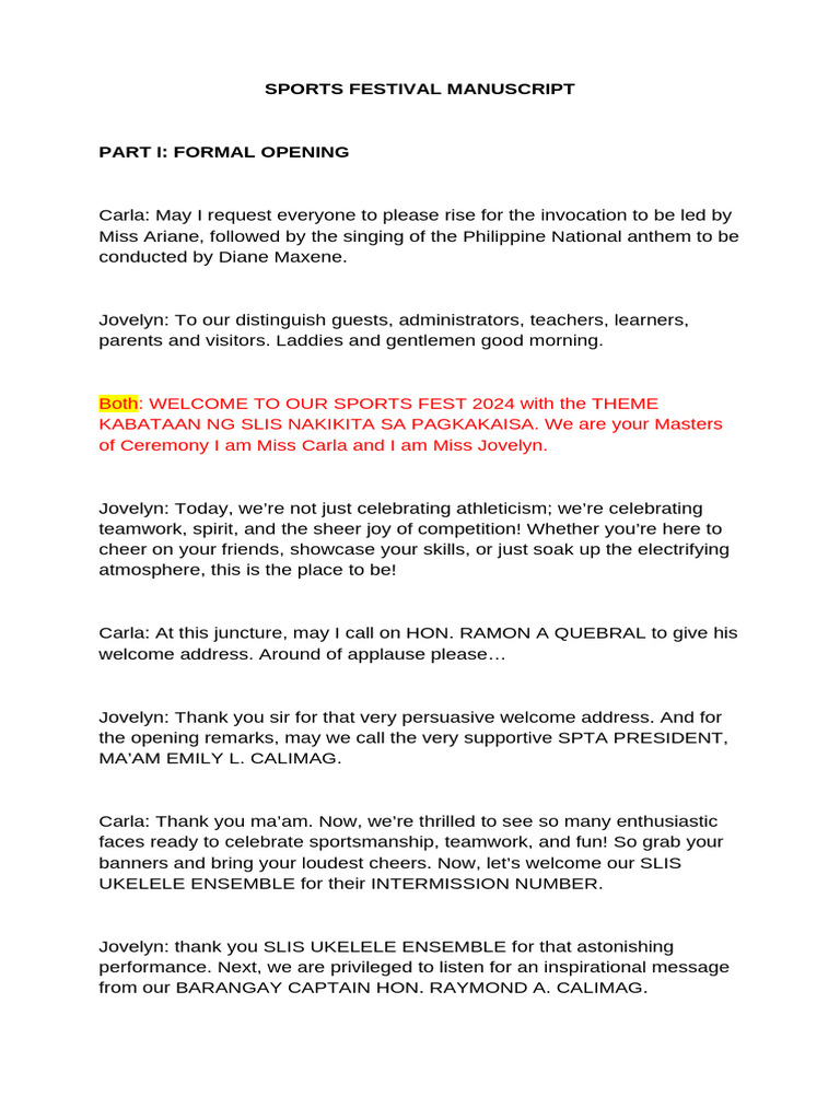 Emcee Manuscript Sportsfest | PDF