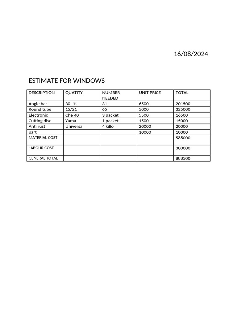 Windows Estimate | PDF