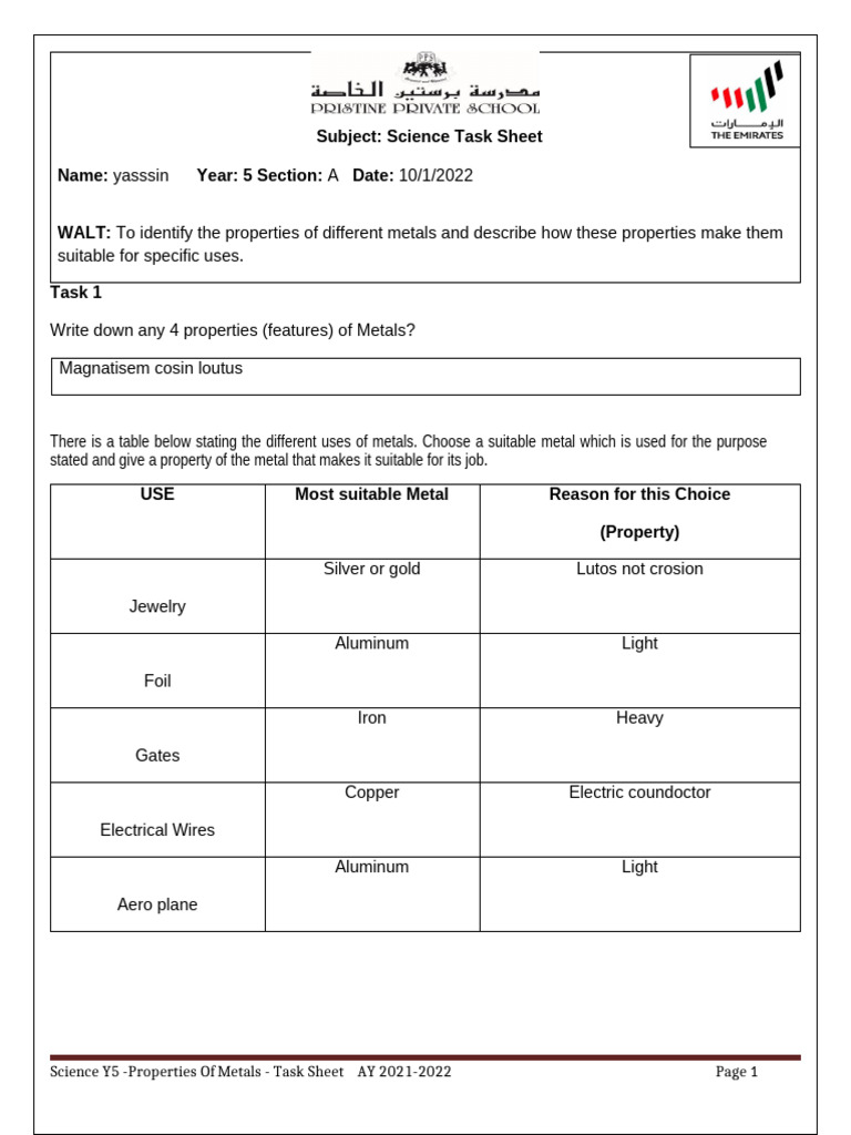 Subject: Science Task Sheet Name: Year: 5 Section: Date | PDF