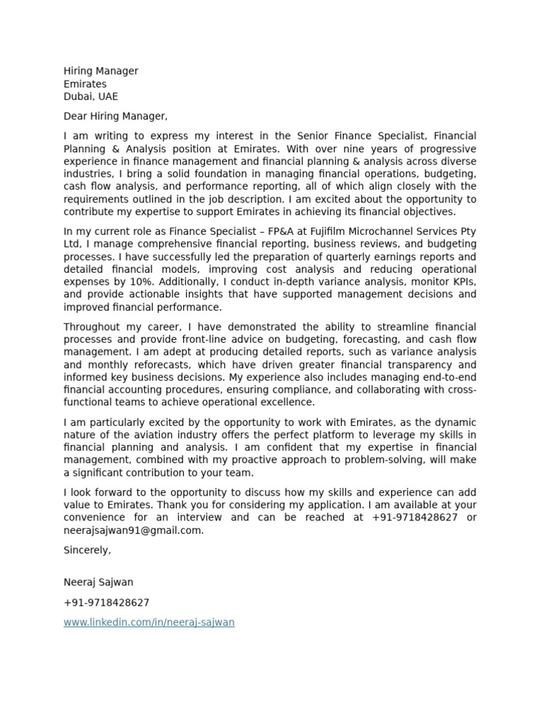 Cover Letter - Emirates | PDF