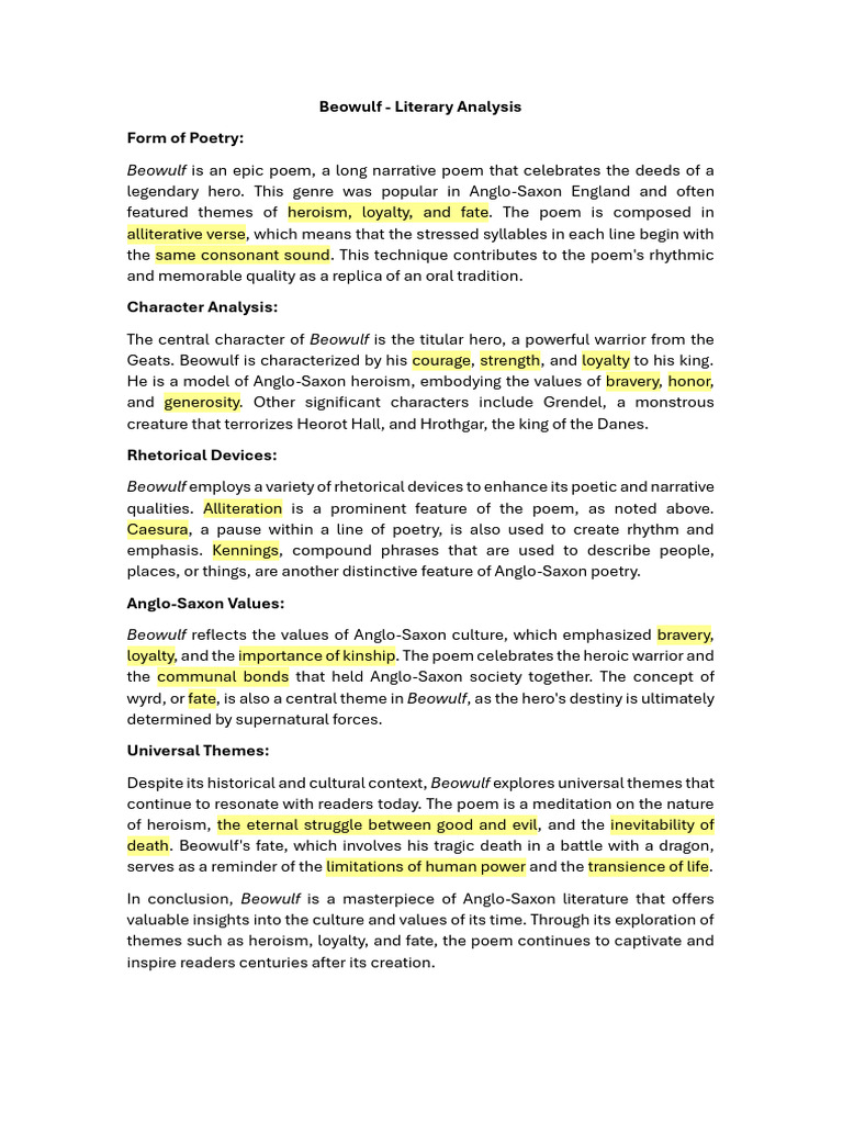 Beowulf Literary Nanalysis | PDF