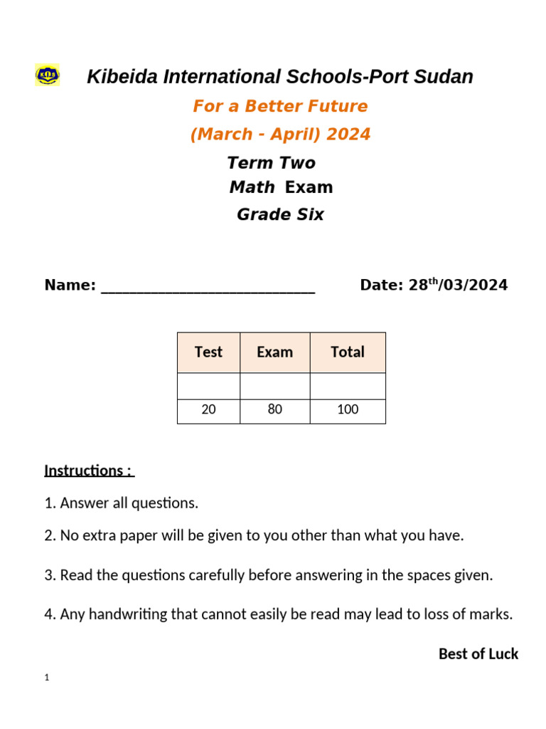 New Term 2 - Math Exam Class 6 24 | PDF | Area | Elementary Mathematics