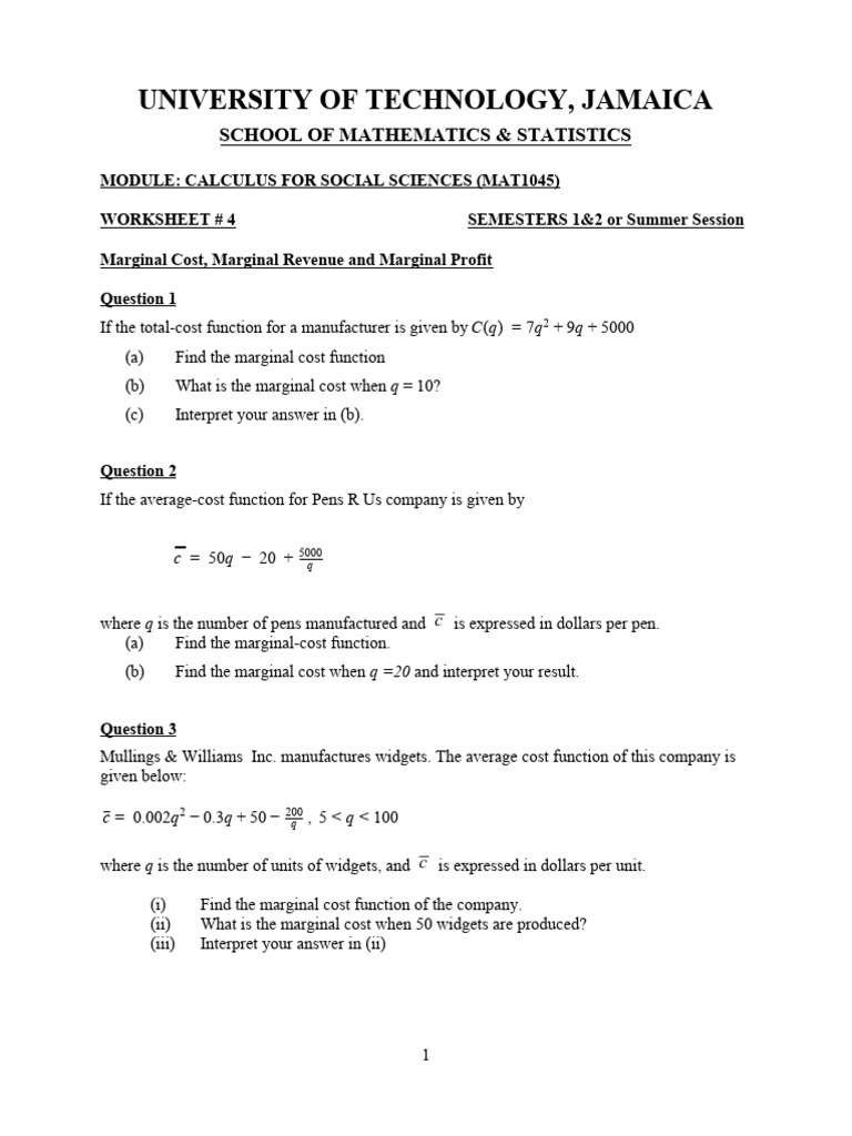 Worksheet #4 MAT1045 Marginal Cost | PDF