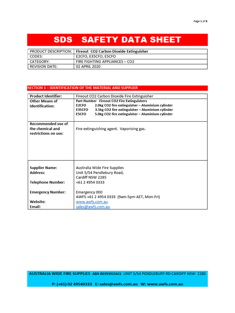 SDS Fireout CO2 Carbon Dioxide Extinguishers 2020 | PDF