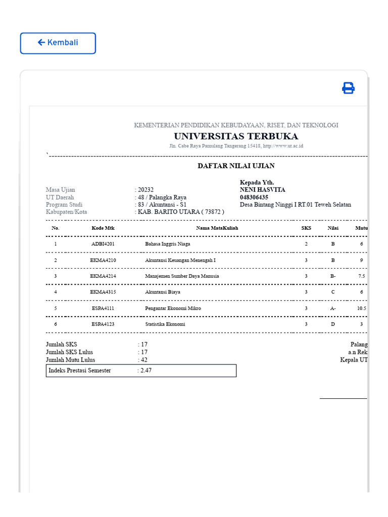 Https:/admisi Sia - Ut.ac - Id/pengumuman Nilai | PDF