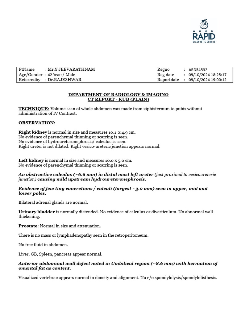 Mr.Y JEEVARATHNAM CT KUB REPORT | PDF
