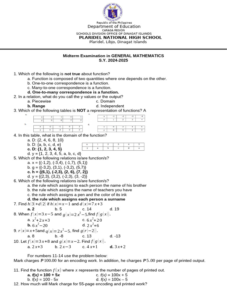 Midterm Exam General Mathematics 2024-2025 | PDF