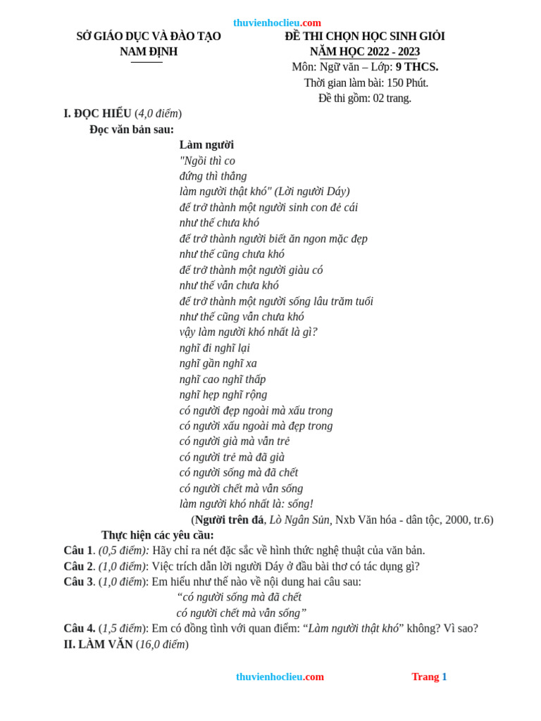 De Thi HSG Ngu Van 9 Nam Dinh 2022 2023 | PDF