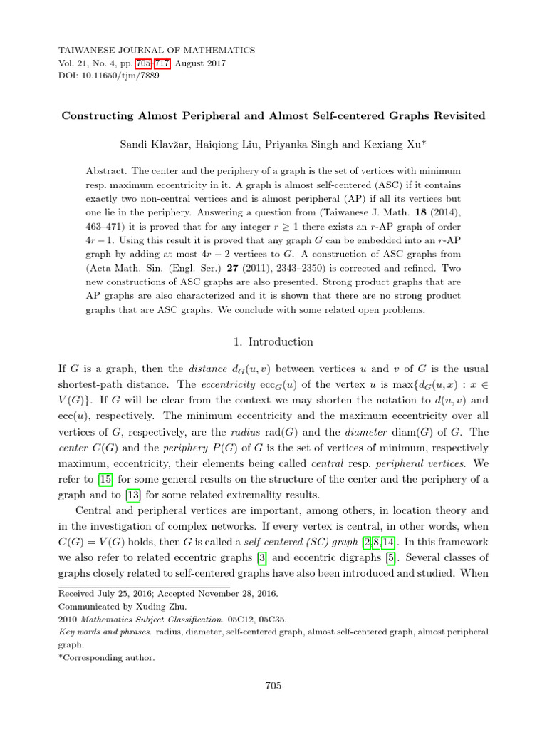 Constructing Almost Peripheral and Almost Self-centered Graphs ... Constructing Almost Peripheral and Almost Self-centered Graphs ...