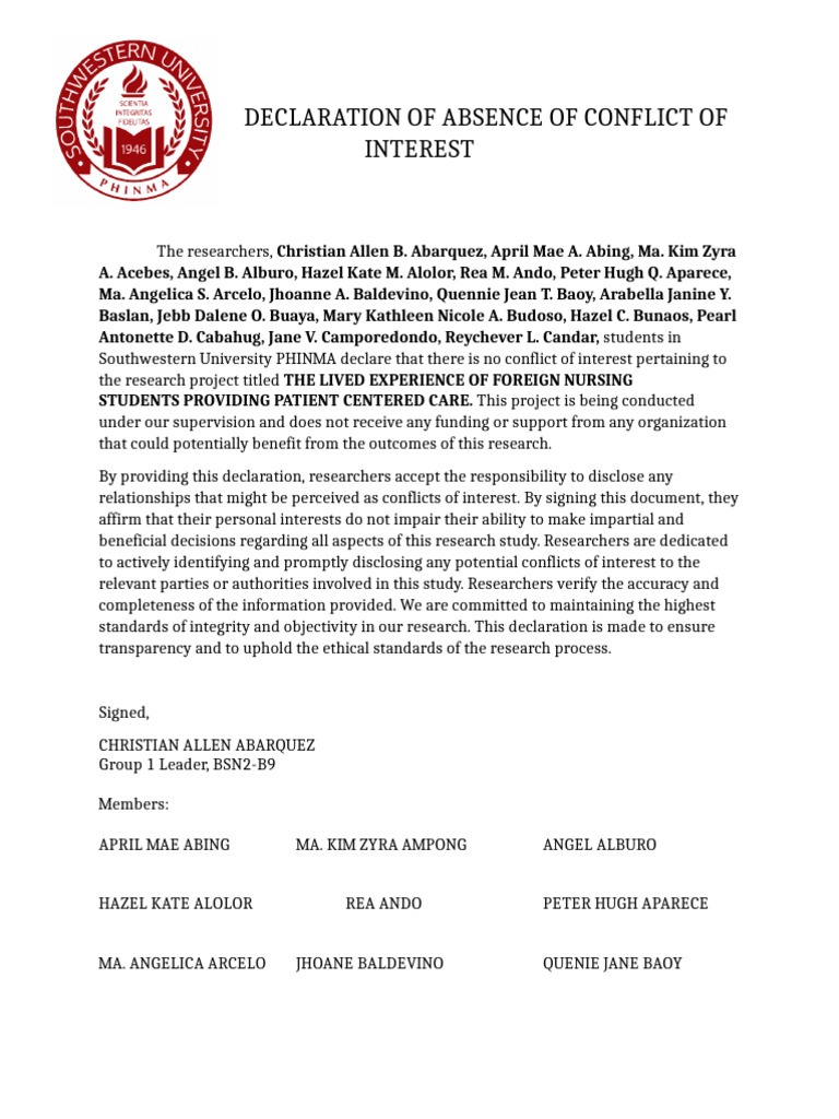 Declaration of Absence of Conflict of Interest g1 | PDF