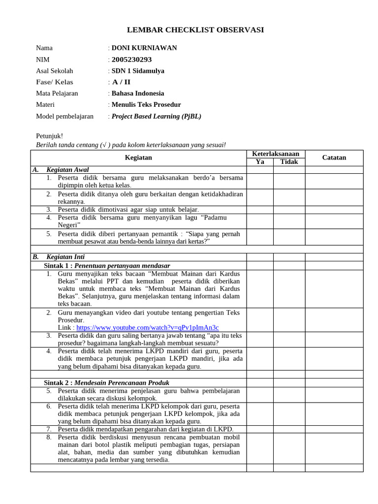 Lembar Checklist Observasi | PDF