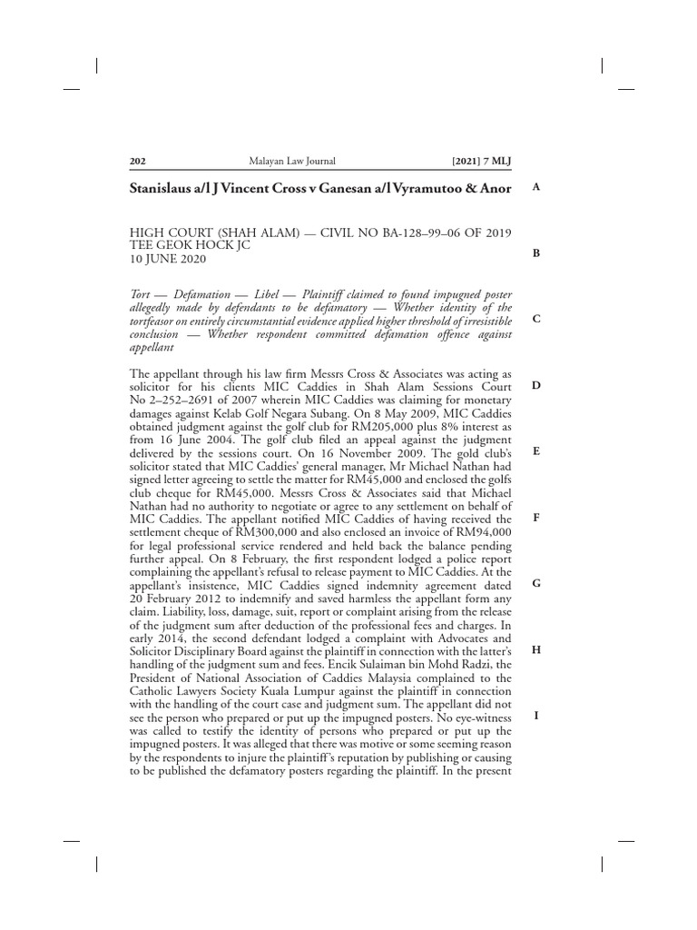 Stanislaus Al J Vincent Cross V Ganesan Al Vyramutoo & Anor | PDF