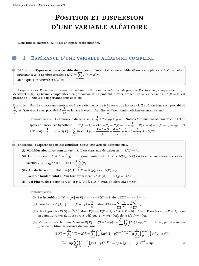 Cours - Position Et Dispersion D'une Variable Aleatoire | PDF