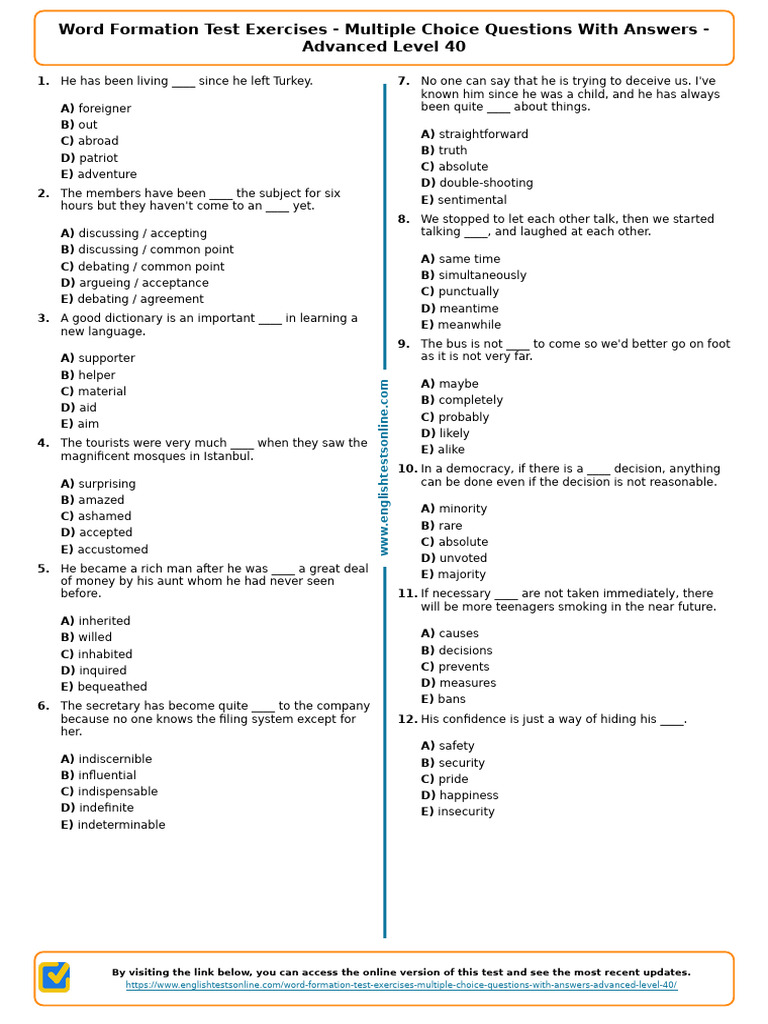 539 - Word Formation Test Exercises Multiple Choice Questions With ...