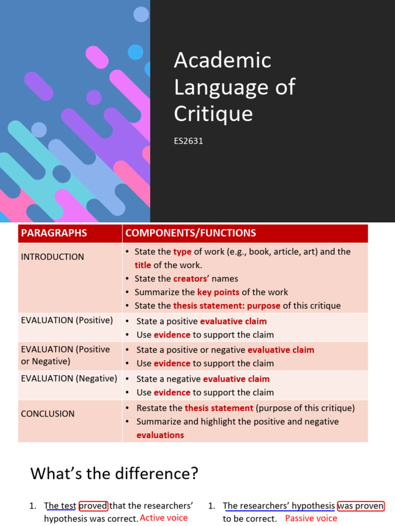 AY24 - 25 S1 ES2631 Week 8 Academic Language of Critique Lecture Slides | PDF